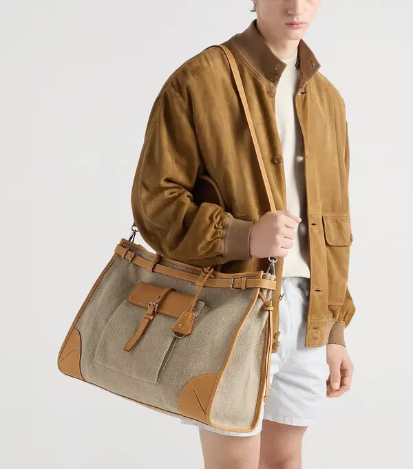 Prada Linen And Leather Route Tote Bag - Neutral