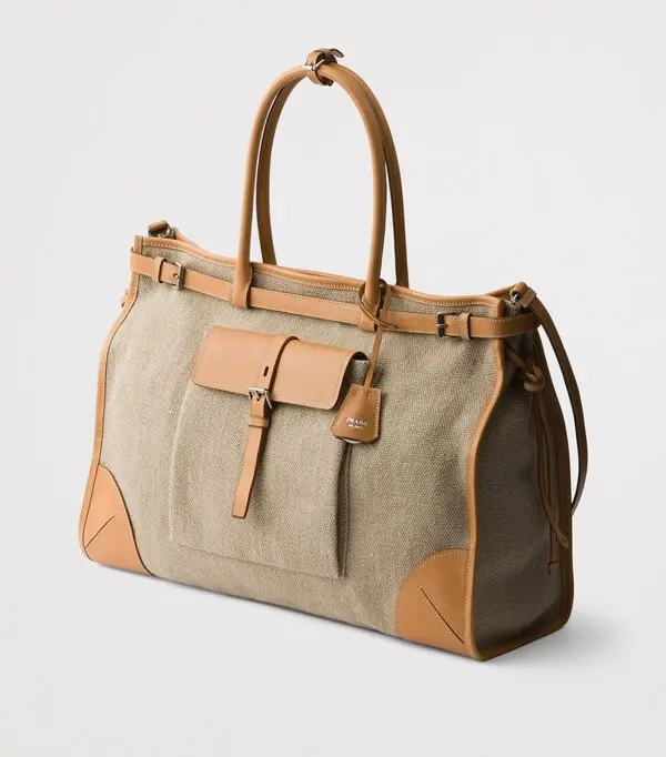 Prada Linen And Leather Route Tote Bag - Neutral