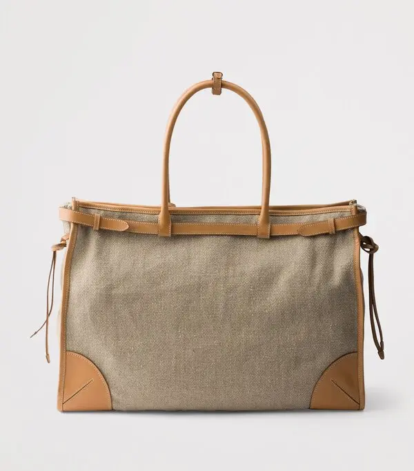 Prada Linen And Leather Route Tote Bag - Neutral