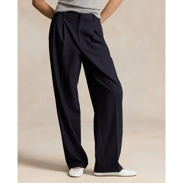 Ralph Lauren Bacall Wool-blend Pleated Wide-leg Trousers - Navy