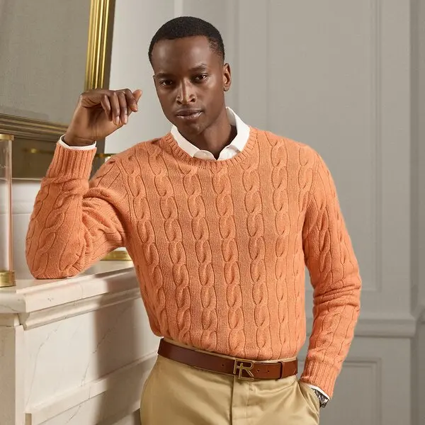 Ralph Lauren Cable-knit Cashmere Crewneck Sweater - Coral Orange Melange