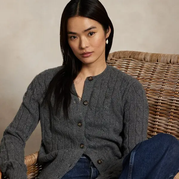 Ralph Lauren Cable-knit Cashmere Crewneck Cardigan - Flannel Grey Heather