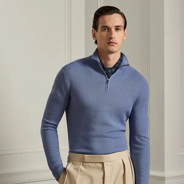 Ralph Lauren Piqué-knit Wool Quarter-zip Sweater - Soft Blue