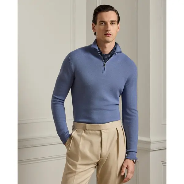 Ralph Lauren Piqué-knit Wool Quarter-zip Sweater - Soft Blue