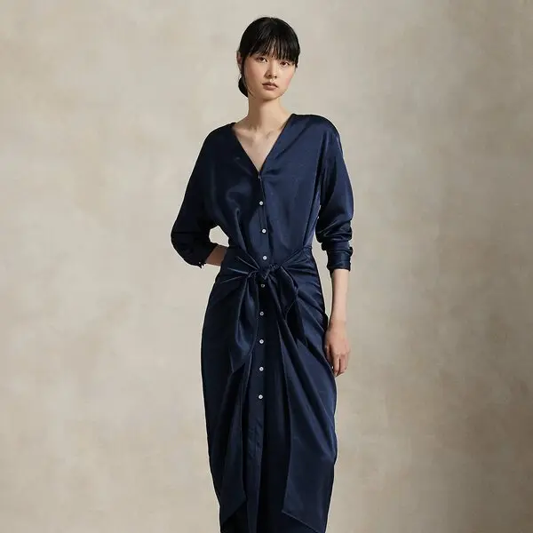 Ralph Lauren Satin Tie-front Wrap Shirtdress - Norfolk Blue