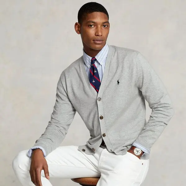 Ralph Lauren Cotton V-neck Fine Knit Cardigan - Andover Heather