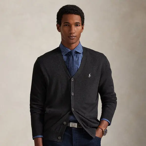 Ralph Lauren Cotton V-neck Fine Knit Cardigan - Dark Granite Heather