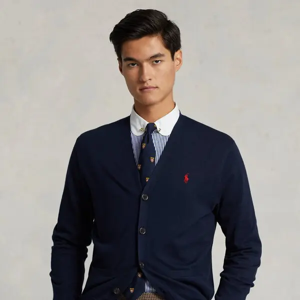 Ralph Lauren Cotton V-neck Fine Knit Cardigan - Hunter Navy