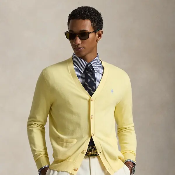 Ralph Lauren Cotton V-neck Fine Knit Cardigan - Wicket Yellow