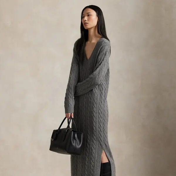 Ralph Lauren Cable-knit V-neck Sweater Dress - Flannel Grey Heather