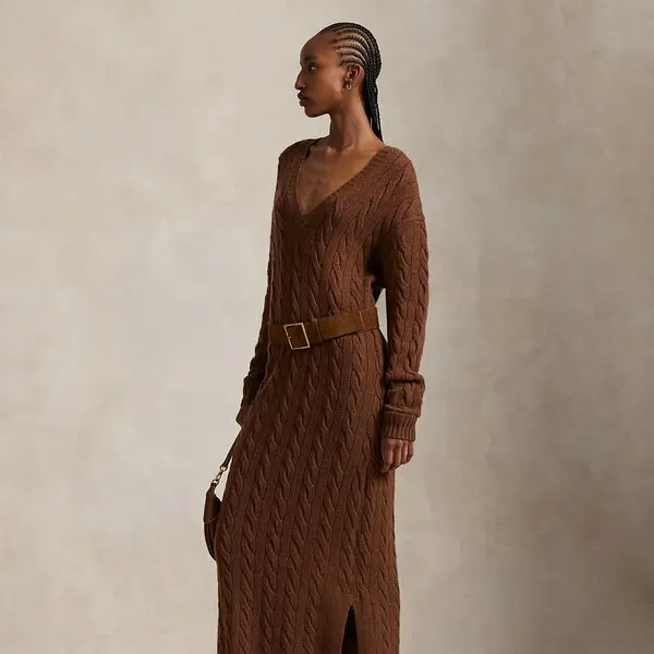 Ralph Lauren Cable-knit V-neck Sweater Dress - Gingerbread Brown Melange