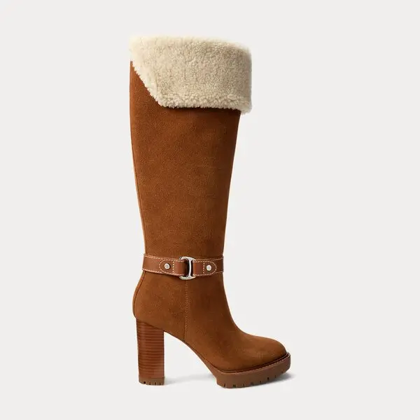 Ralph Lauren Tasha Suede & Shearling Tall Heel Boots - Lauren Tan/natural