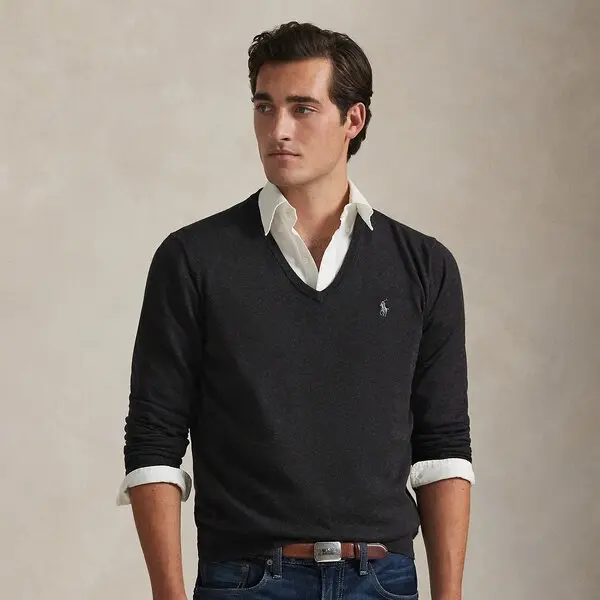 Ralph Lauren Cotton V-neck Sweater - Dark Granite Heather