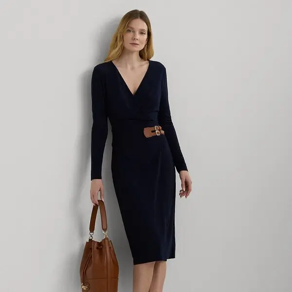 Ralph Lauren Buckled Jersey Faux-wrap Dress - Lighthouse Navy