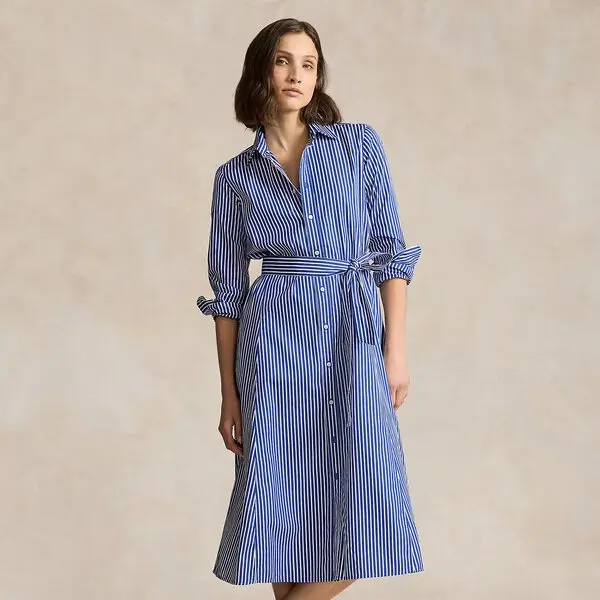 Ralph Lauren Striped Cotton Shirt Dress - Bright Navy & White