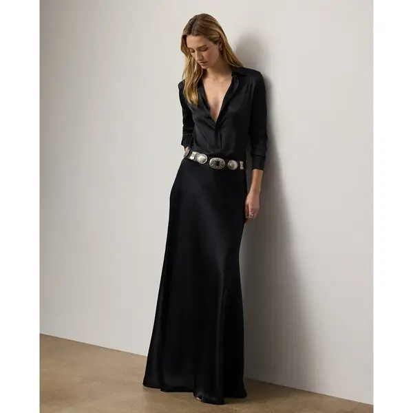 Ralph Lauren Cameron Straight Fit Charmeuse Shirt - Black