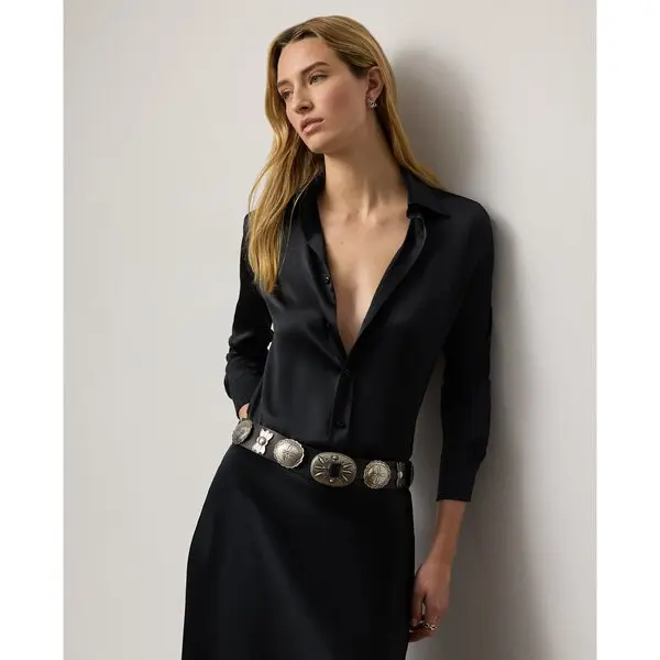 Ralph Lauren Cameron Straight Fit Charmeuse Shirt - Black