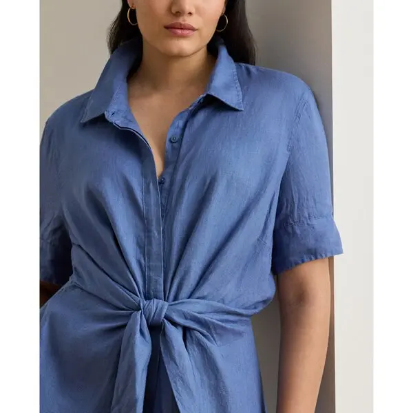 knee length dresses for ladies Lauren Ralph Lauren Tie-Front Linen Shirtdress In Light Olive