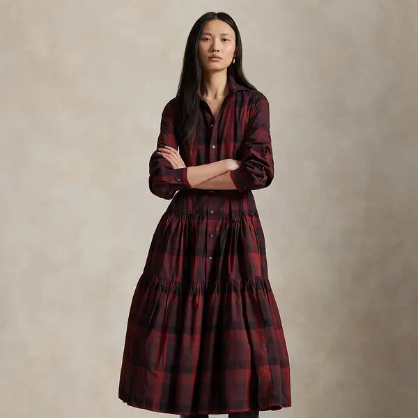 Ralph Lauren Plaid Tiered Shirtdress - Red Multi Plaid