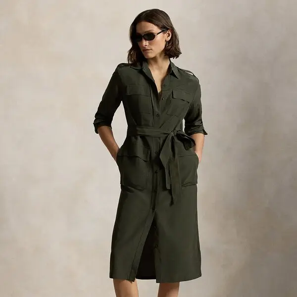 Ralph Lauren Belted Faille Shirtdress - Deep Loden