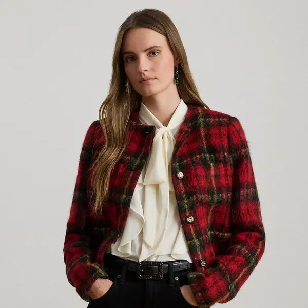 Ralph Lauren Plaid Mohair Cropped Jacket - Red/black/yellow Multi