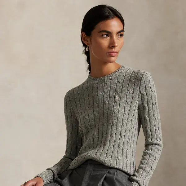 Ralph Lauren Cable-knit Cotton Crewneck Sweater - Fawn Grey Heather