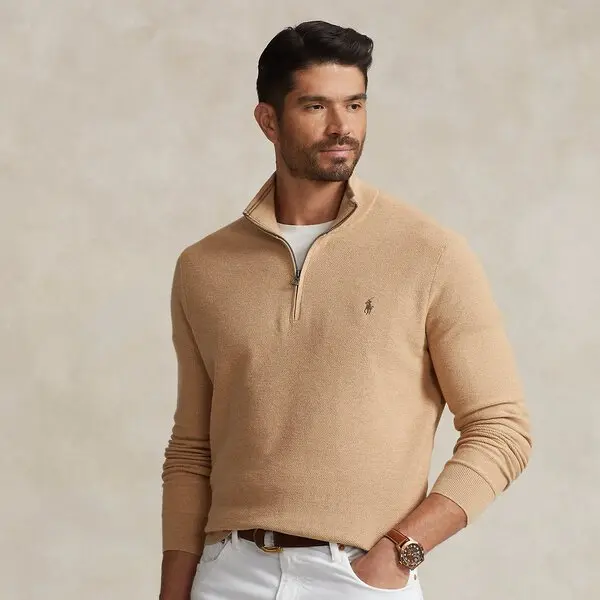 Ralph Lauren Mesh-knit Cotton Quarter-zip Sweater - Camel Melange