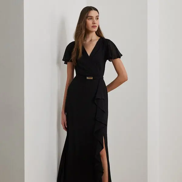 Ralph Lauren Belted Georgette Flutter-sleeve Gown - Black