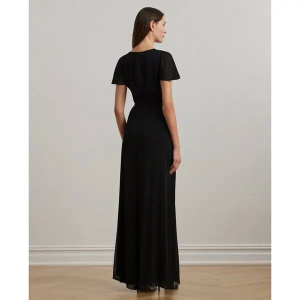 Ralph Lauren Belted Georgette Flutter-sleeve Gown