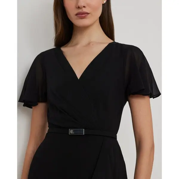 Ralph Lauren Belted Georgette Flutter-sleeve Gown