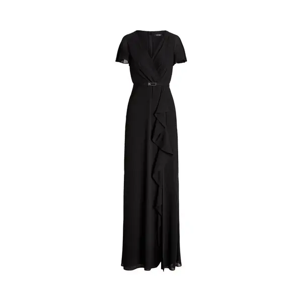 Ralph Lauren Belted Georgette Flutter-sleeve Gown