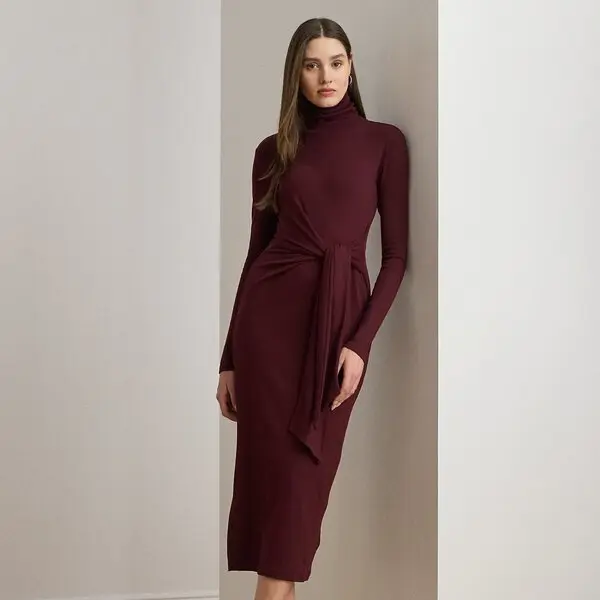 Ralph Lauren Tie-front Turtleneck Midi Dress - Dark Garnet