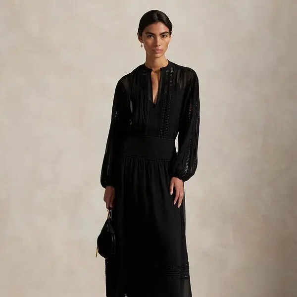 Ralph Lauren Lace-trimmed Georgette Dress - Polo Black