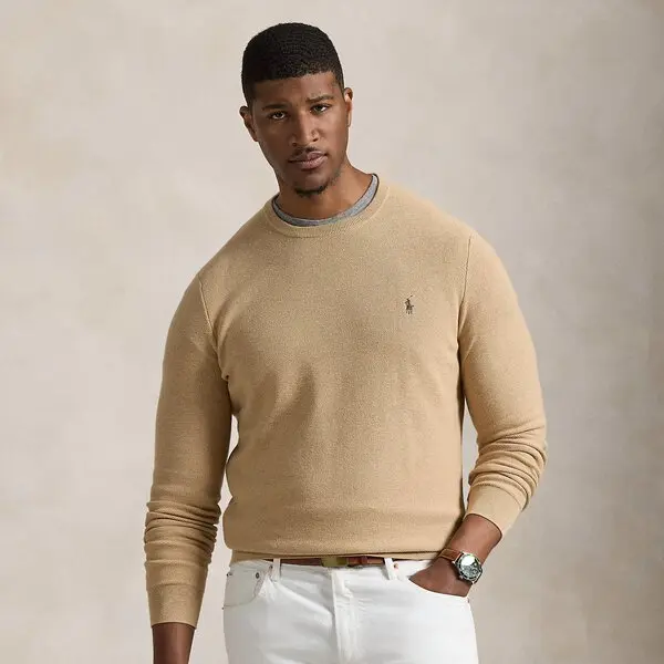 Ralph Lauren Mesh-knit Cotton Crewneck Sweater - Camel Melange