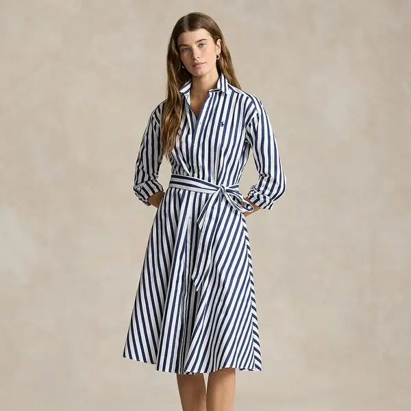 Ralph Lauren Belted Wide-stripe Cotton Shirt Dress - Navy/white