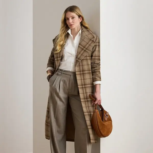 Ralph Lauren Plaid Wool-blend Twill Wrap Overcoat - Taupe Multi