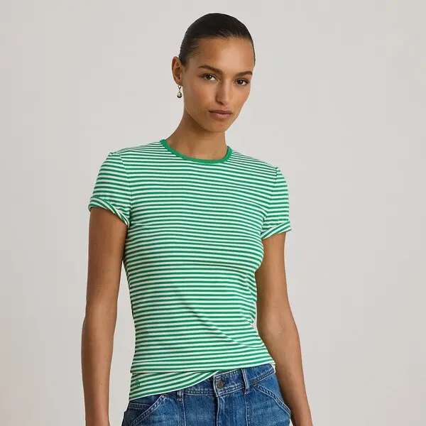 Ralph Lauren Striped Stretch Cotton Crewneck Tee - Stem/white