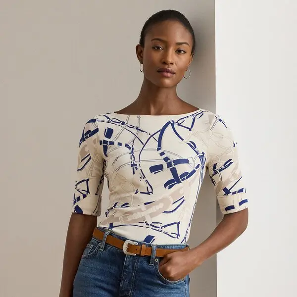 Ralph Lauren Belting-print Cotton Boatneck Tee - Cream/navy Multi