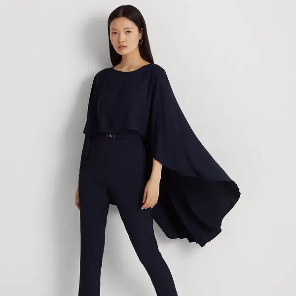Ralph Lauren Belted Cape Georgette Jumpsuit - Lighthouse Navy