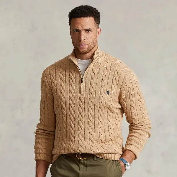 Ralph Lauren Cable-knit Quarter-zip Sweater - Camel Melange