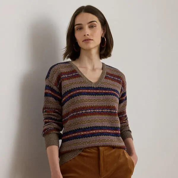 Ralph Lauren Fair Isle Cotton-linen V-neck Sweater - Taupe Heather Multi