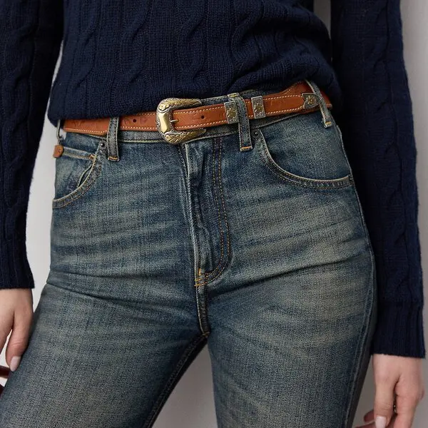 Ralph Lauren Tooled Vachetta Leather Belt - Rl Gold