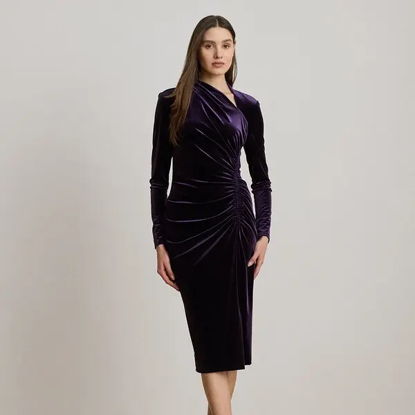 Ralph Lauren Velvet Ruched Asymmetrical Dress - Violet Gem Velvet
