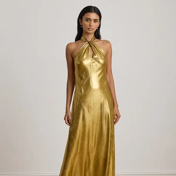 Ralph Lauren Paisley Metallic Georgette Halter Gown - Purple/gold/multi