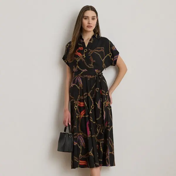 Ralph Lauren Belting-print Belted Crepe Dress - Black Multi