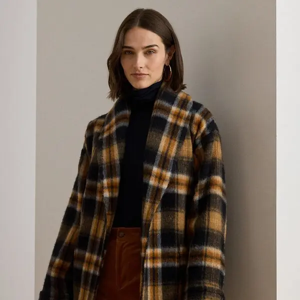 Ralph Lauren Plaid Wool-blend Shawl-collar Wrap Coat - Navy/cinnamon Multi