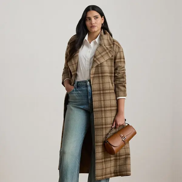 Ralph Lauren Plaid Wool-blend Twill Wrap Coat - Taupe Multi