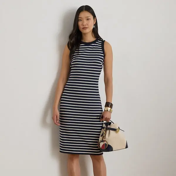 Ralph Lauren Striped Snap-trim Ponte Sheath Dress - Refined Navy/cream