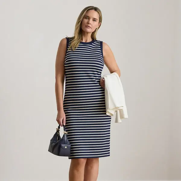 Ralph Lauren Striped Snap-trim Ponte Sheath Dress - Refined Navy/cream