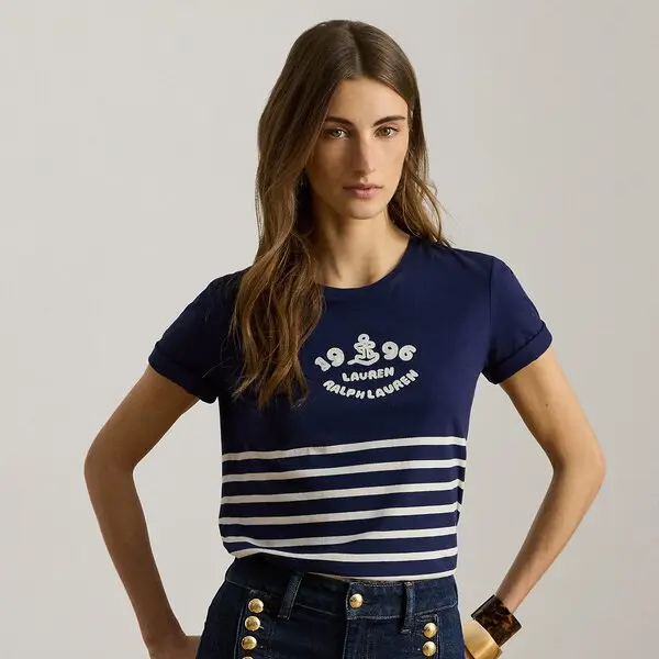 Ralph Lauren Striped Embroidered-logo Jersey Tee - Refined Navy/cream